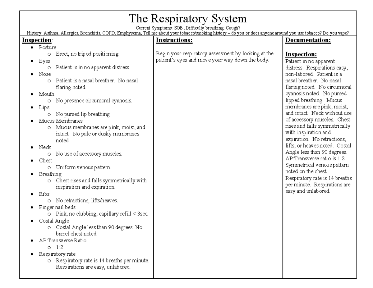 Respiratory System Assessemnt - The Respiratory System Current Symptoms ...