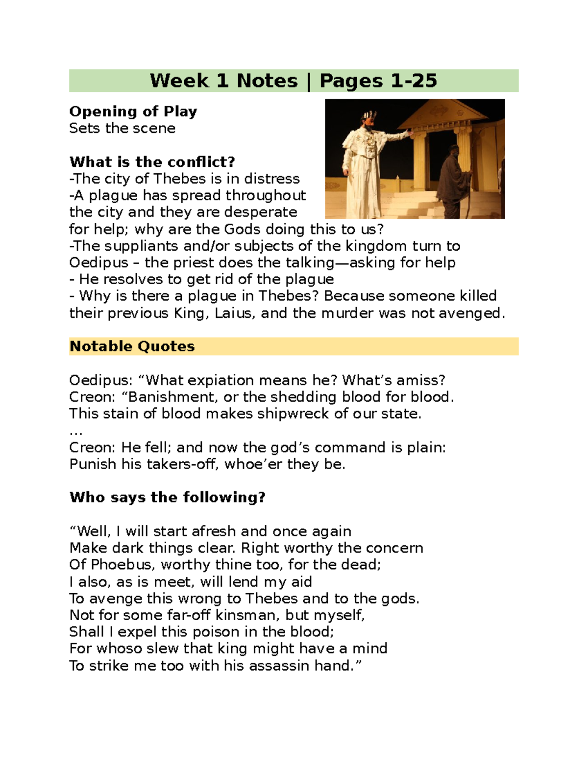 Oedipus Rex (ENG 101) Week 1 Lecture Notes: Scene & Conflict Analysis ...