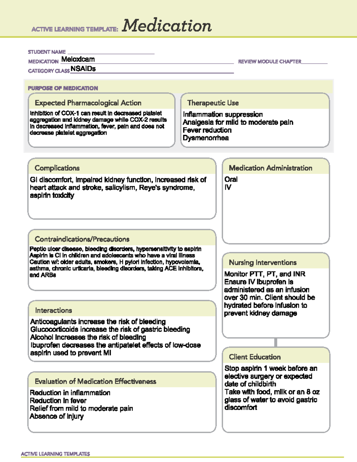 Meloxicam - ATI Pharmacology Sheet for NSAIDs Medications - Studocu