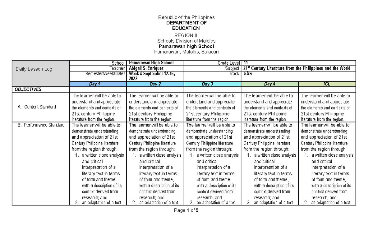 DLL Week 4 - Daily Lesson Log for 21st Century Literature - Studocu