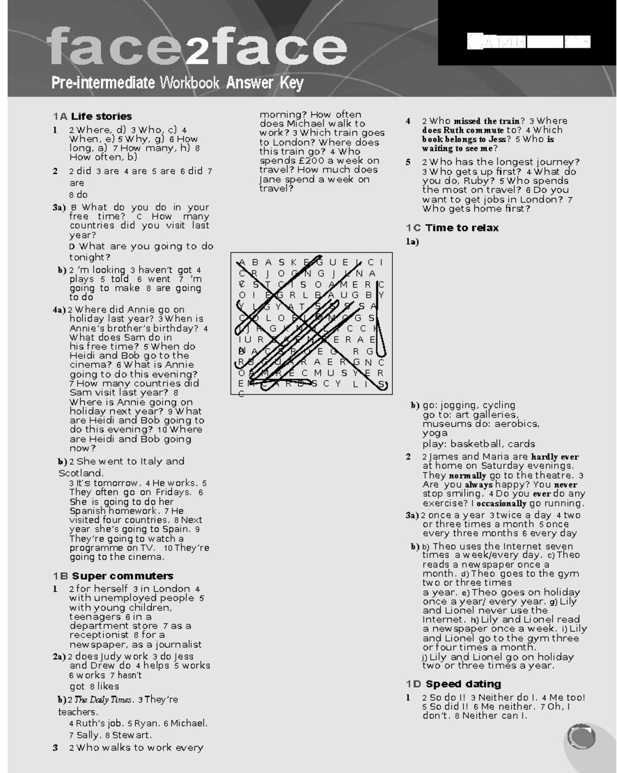 Face2Face Pre-Intermediate B1 Answer Key and Exercises - Studocu