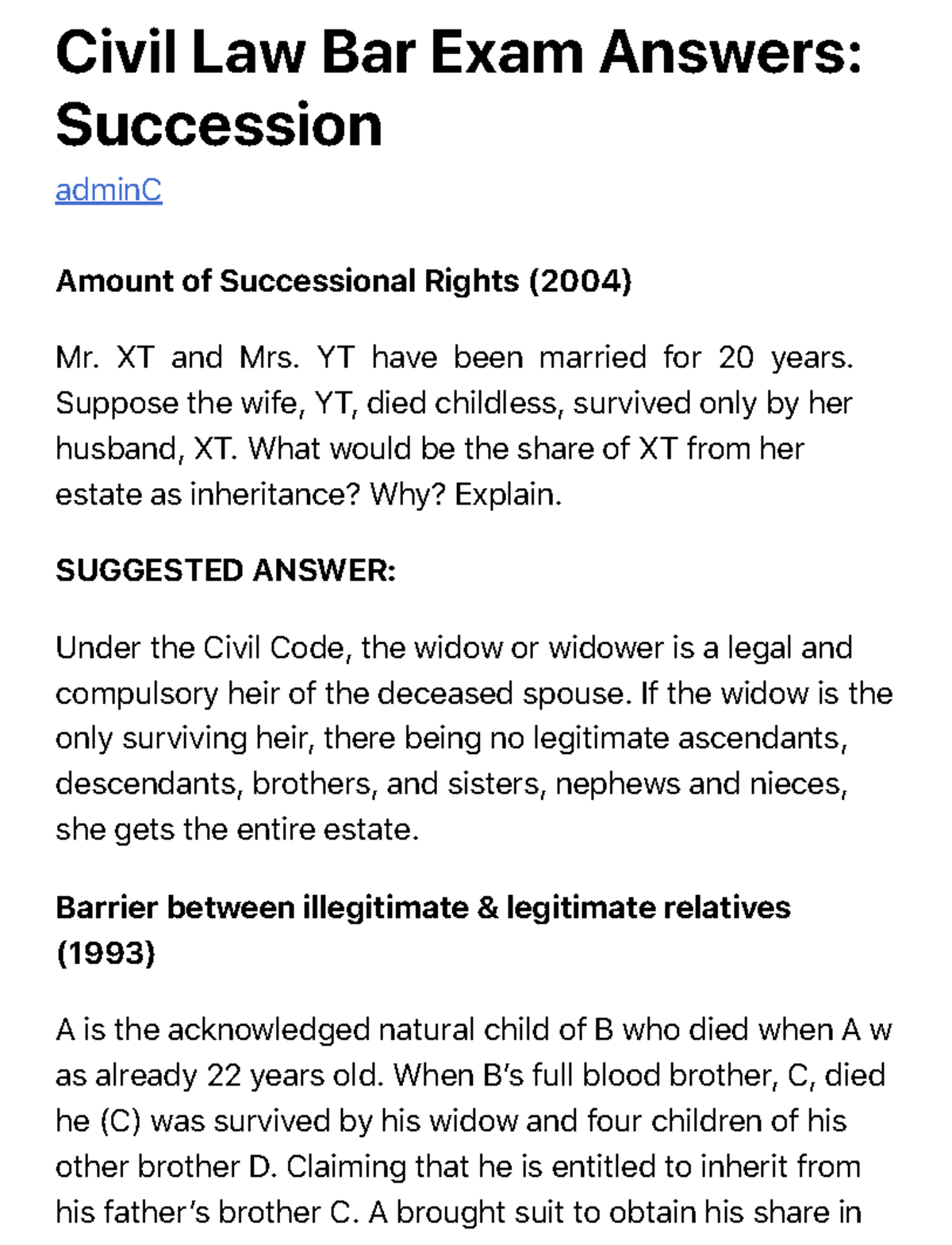 Civil Law Bar Exam Answers: Succession - Civil Law Bar Exam Answers ...