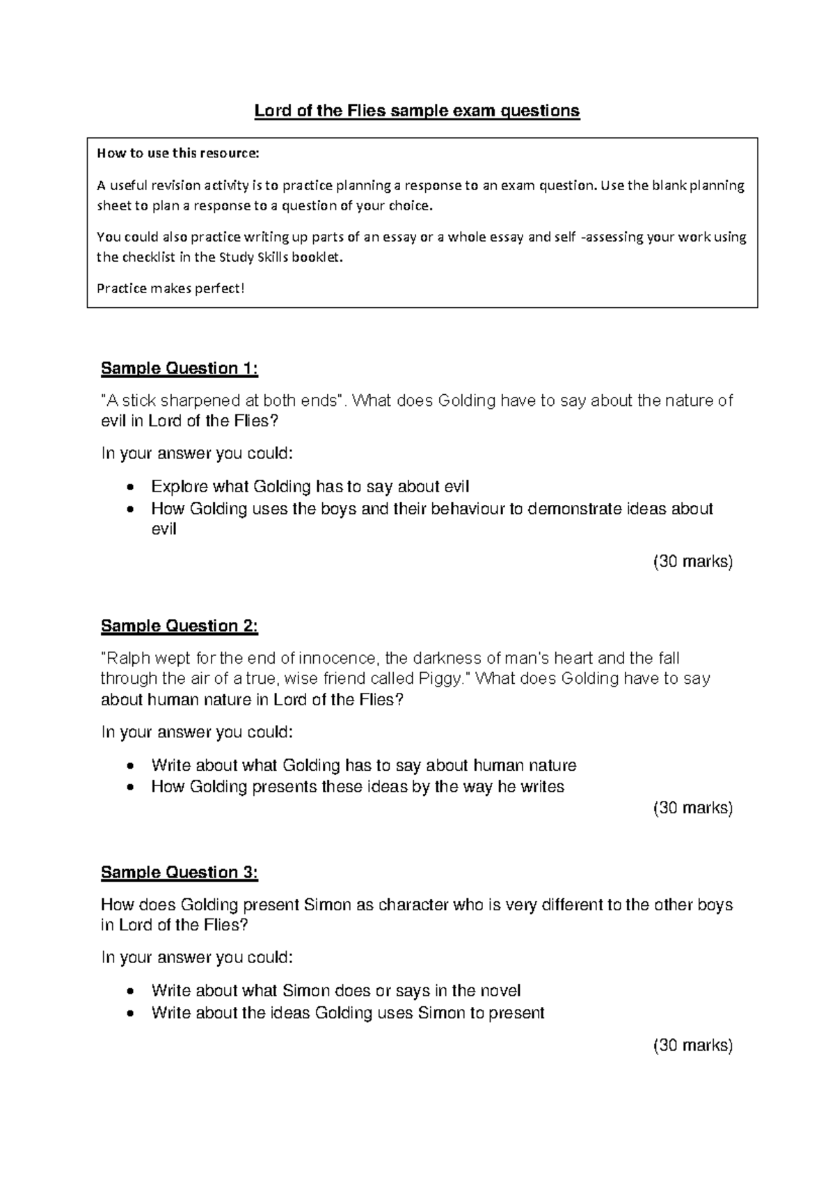 Lord of the Flies Sample Exam Q&A (ENG 101) for Mastery - Studocu