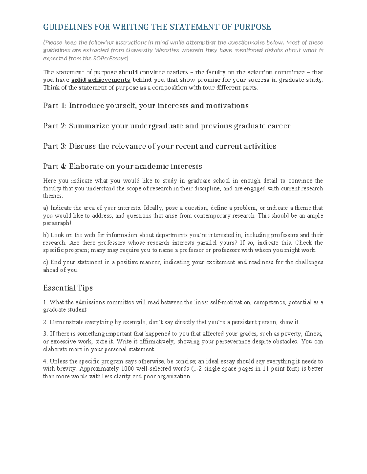 SOP Guidelines for Writing Statement of Purpose (ENG 101) - Studocu