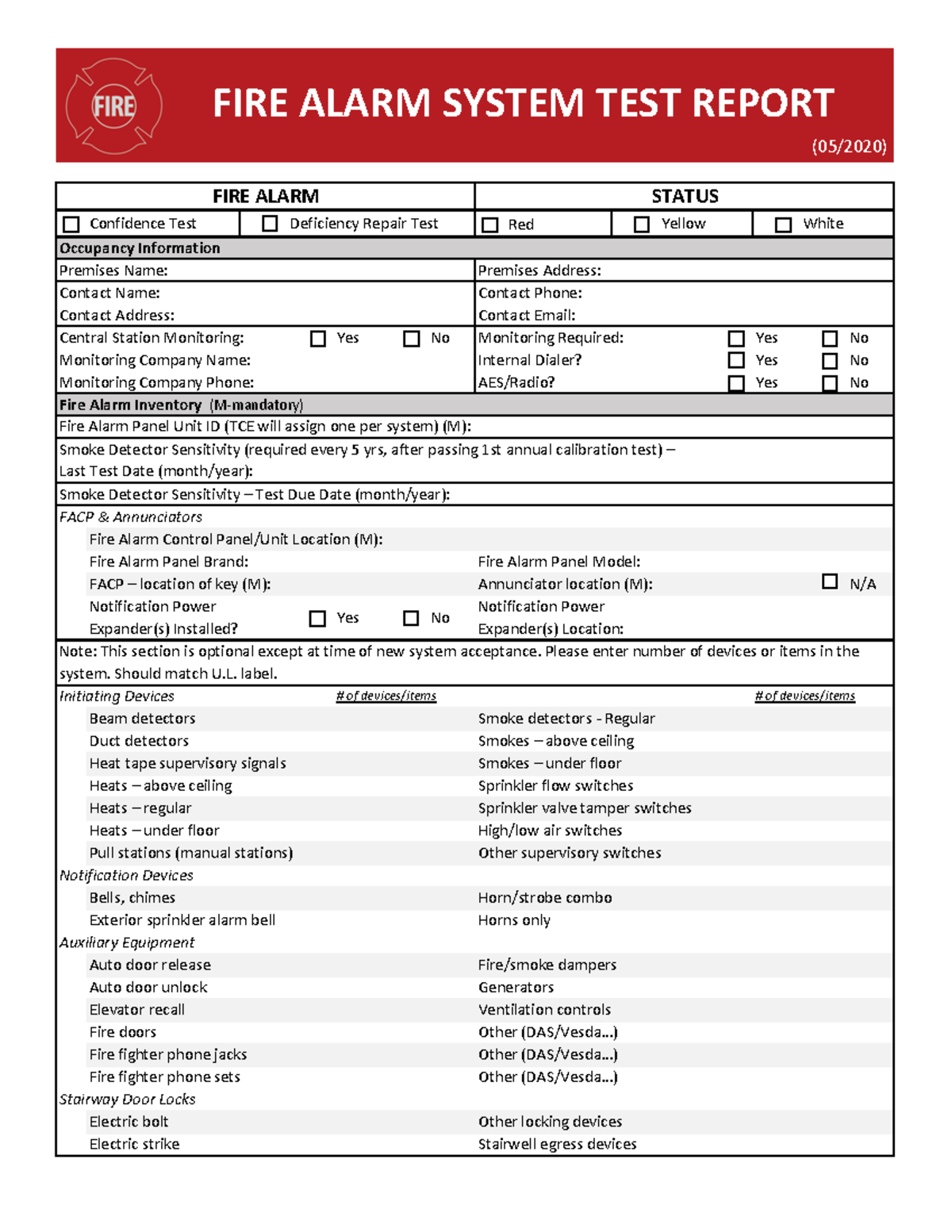 Student Fire Alarm Test Report - Red Yes No Yes No Yes No Yes No N/A ...