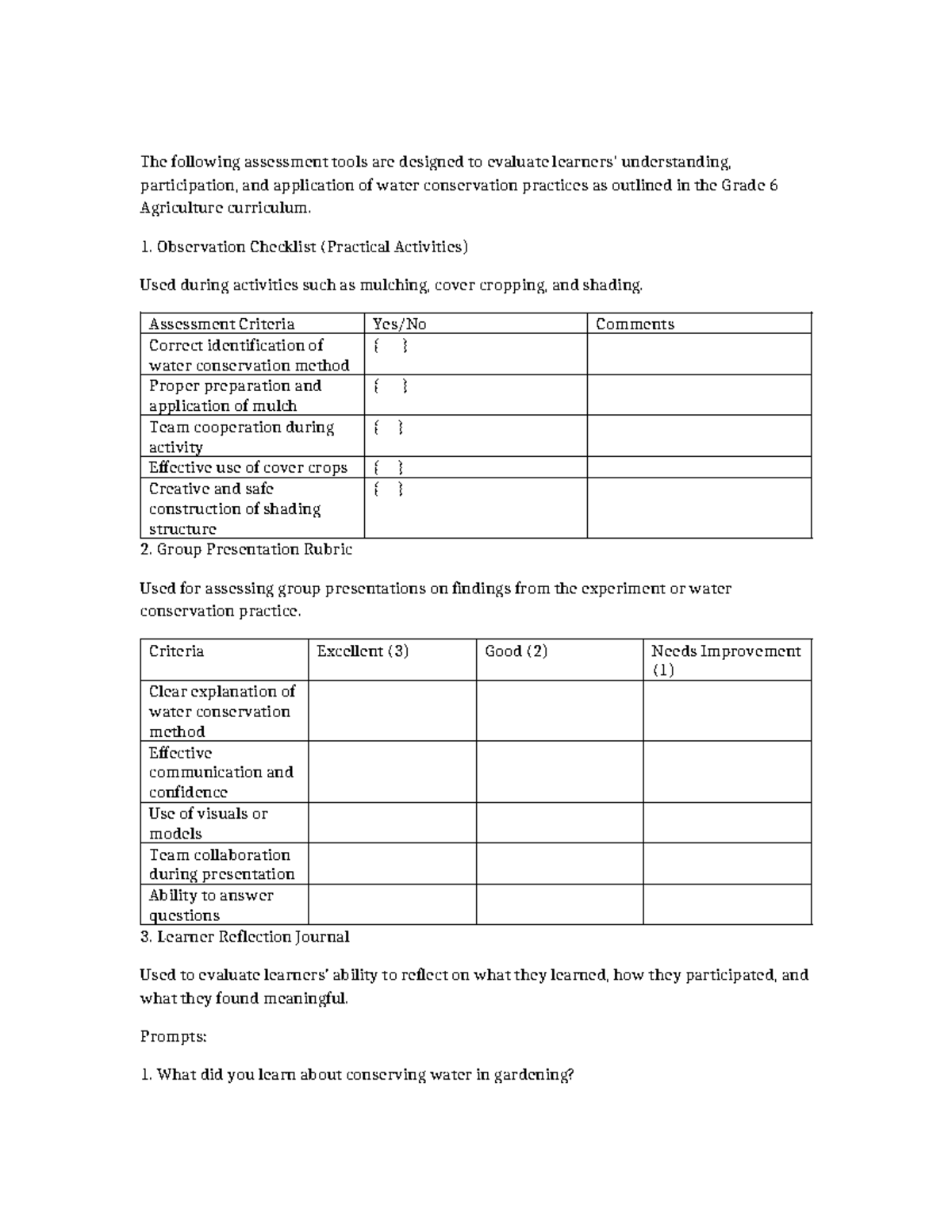 Grade 6 Agriculture: Water Conservation Assessment Tools - Studocu