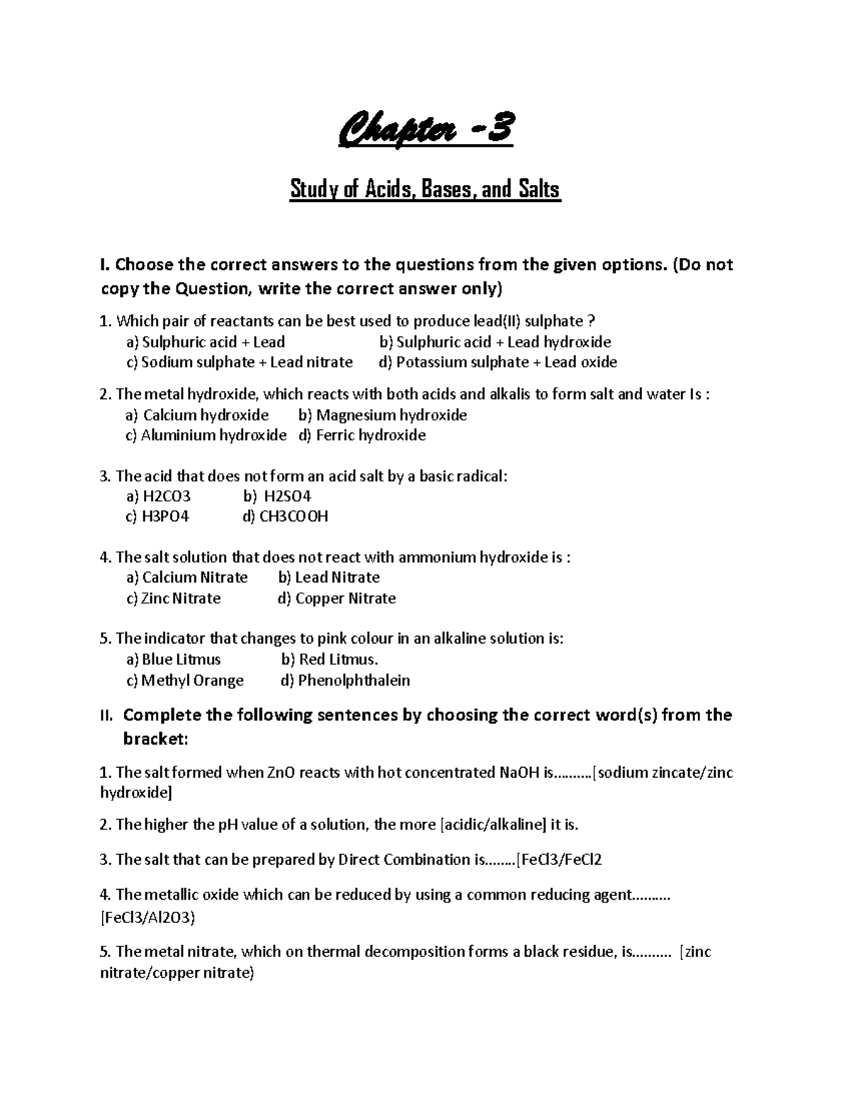 Chapter Study of Acids, Bases, and Salts I: Answer Key and Explanations ...