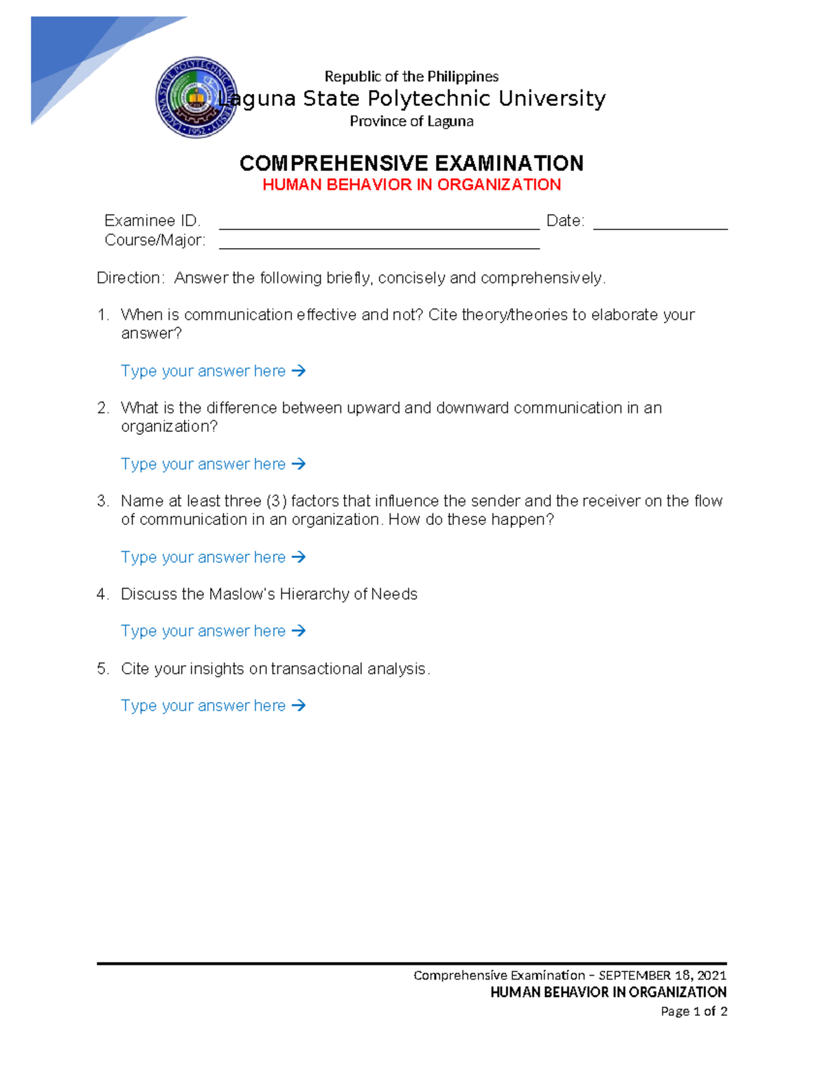 MAED-HBO Comprehensive Exam: Human Behavior in Organization - Studocu