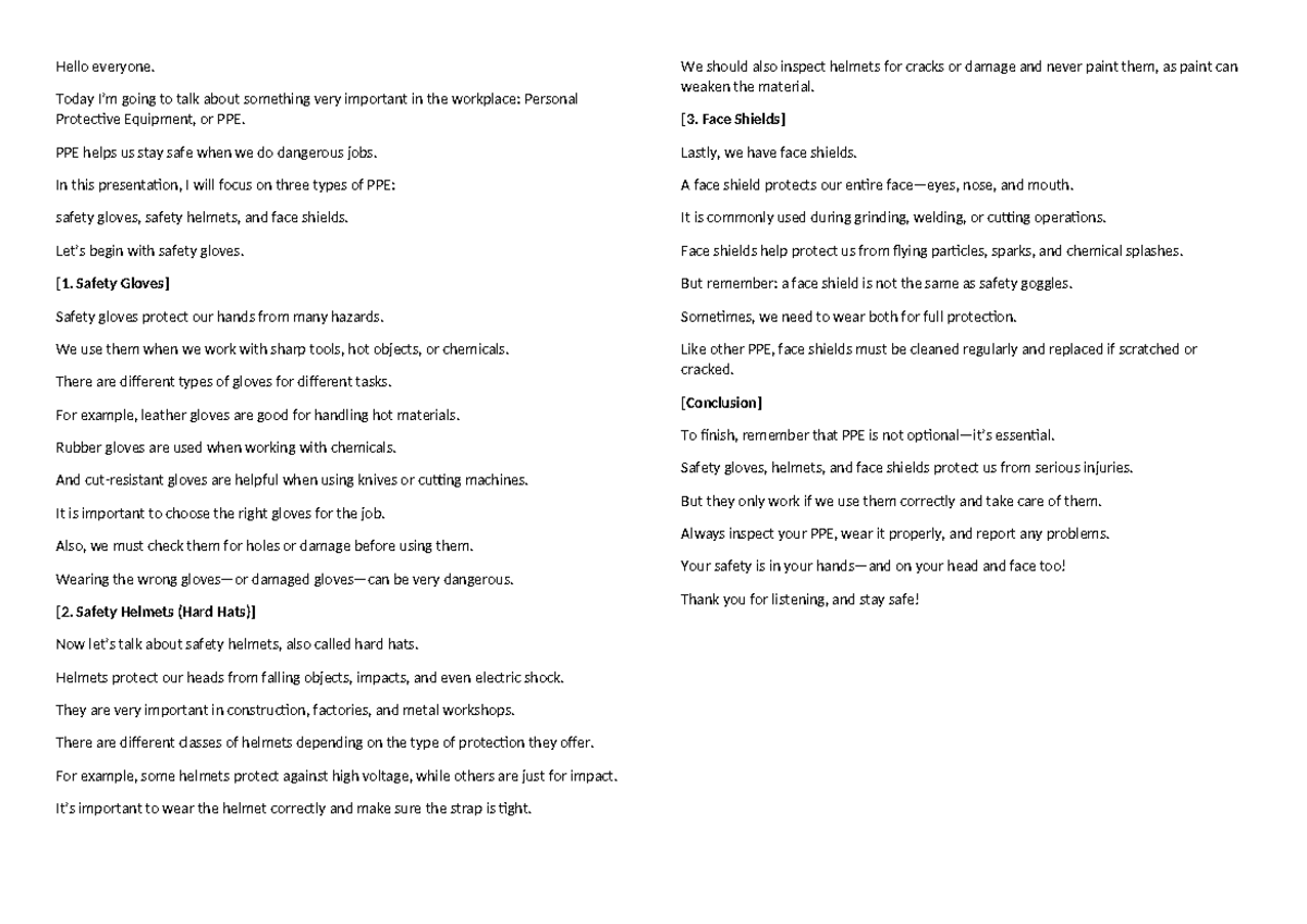 PPE - Presentation Script on Personal Protective Equipment (EPP) - Studocu