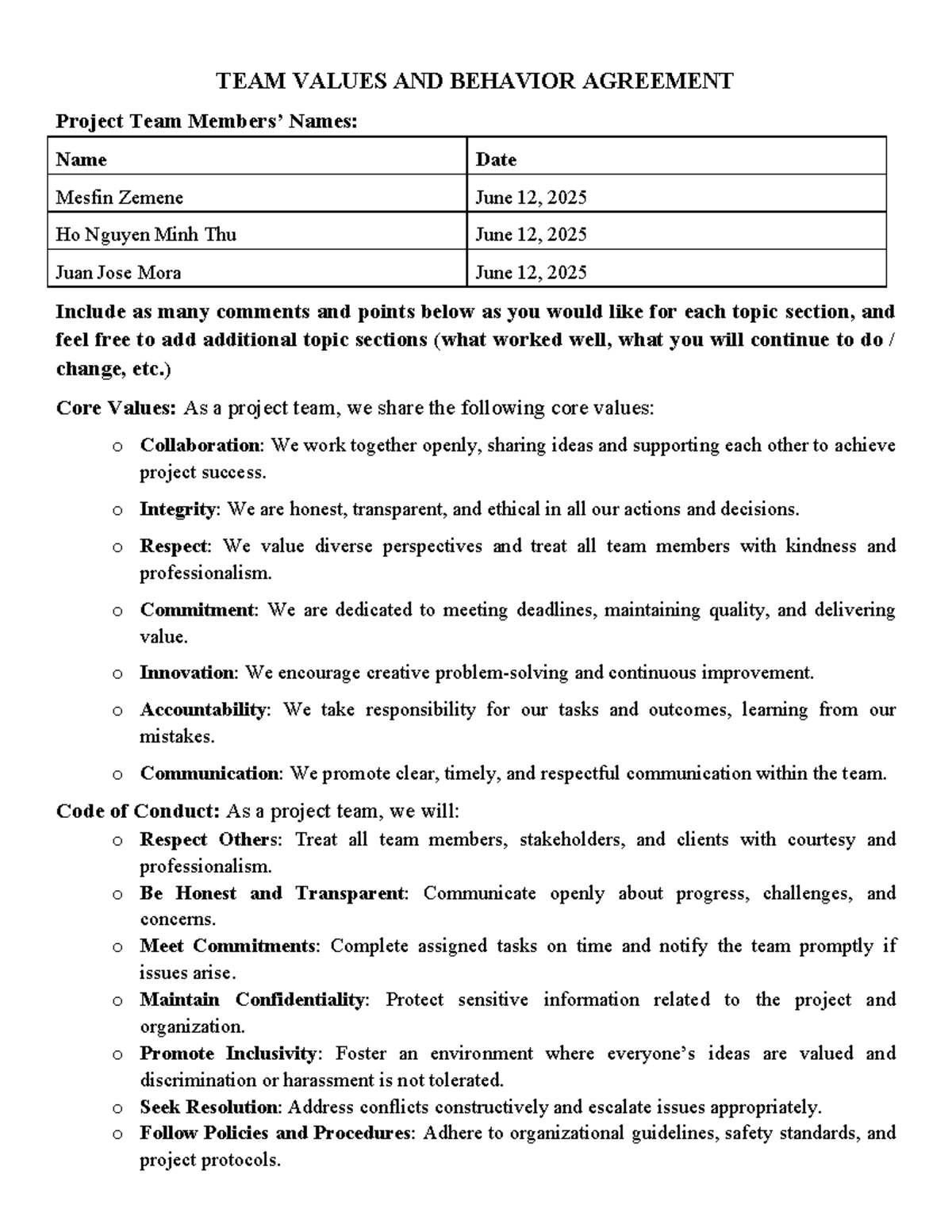 TEAM VALUES & BEHAVIOR AGREEMENT - Group 3 Document - Studocu