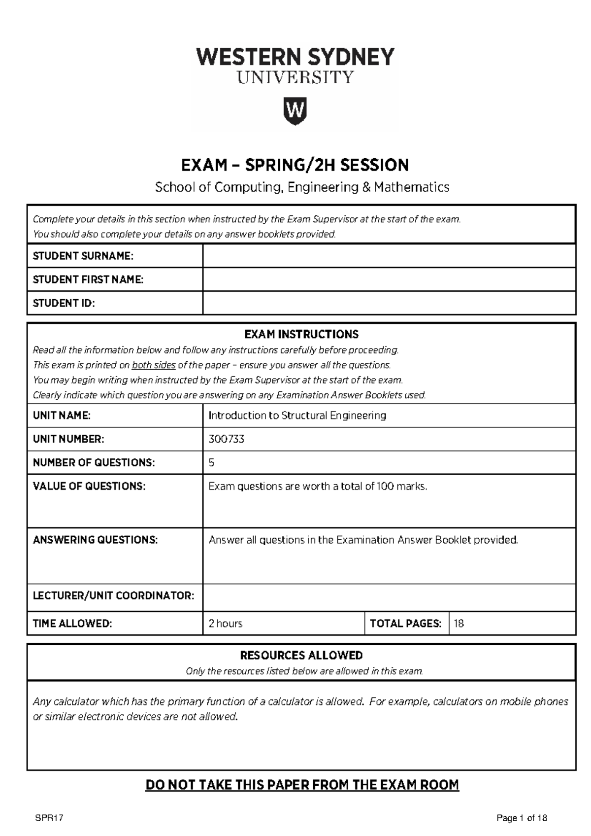 300733 Introduction to Structural Engineering Final Exam Paper - Studocu