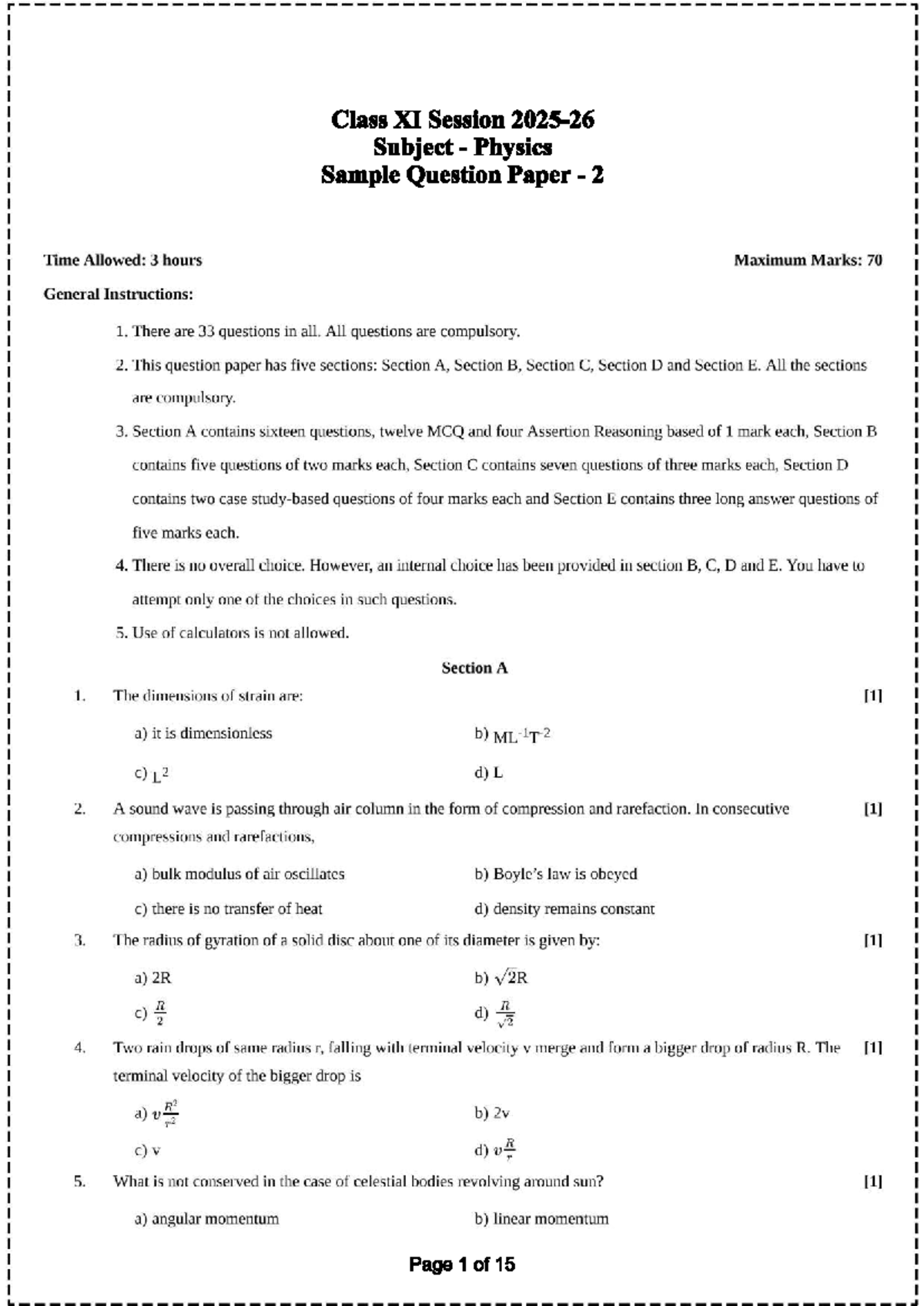 Class XI Physics Sample Question Paper 2 - 3 Hours, 70 Marks - Studocu