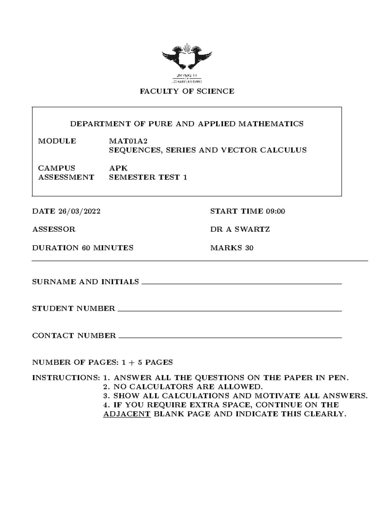 22MAT01A2 Sequences, Series & Vector Calculus Semester Test 1 - Studocu