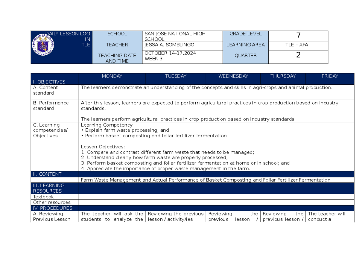 DLL TLE AFA 7 Q1 W3 Lesson Plan on Farm Waste Management - Studocu