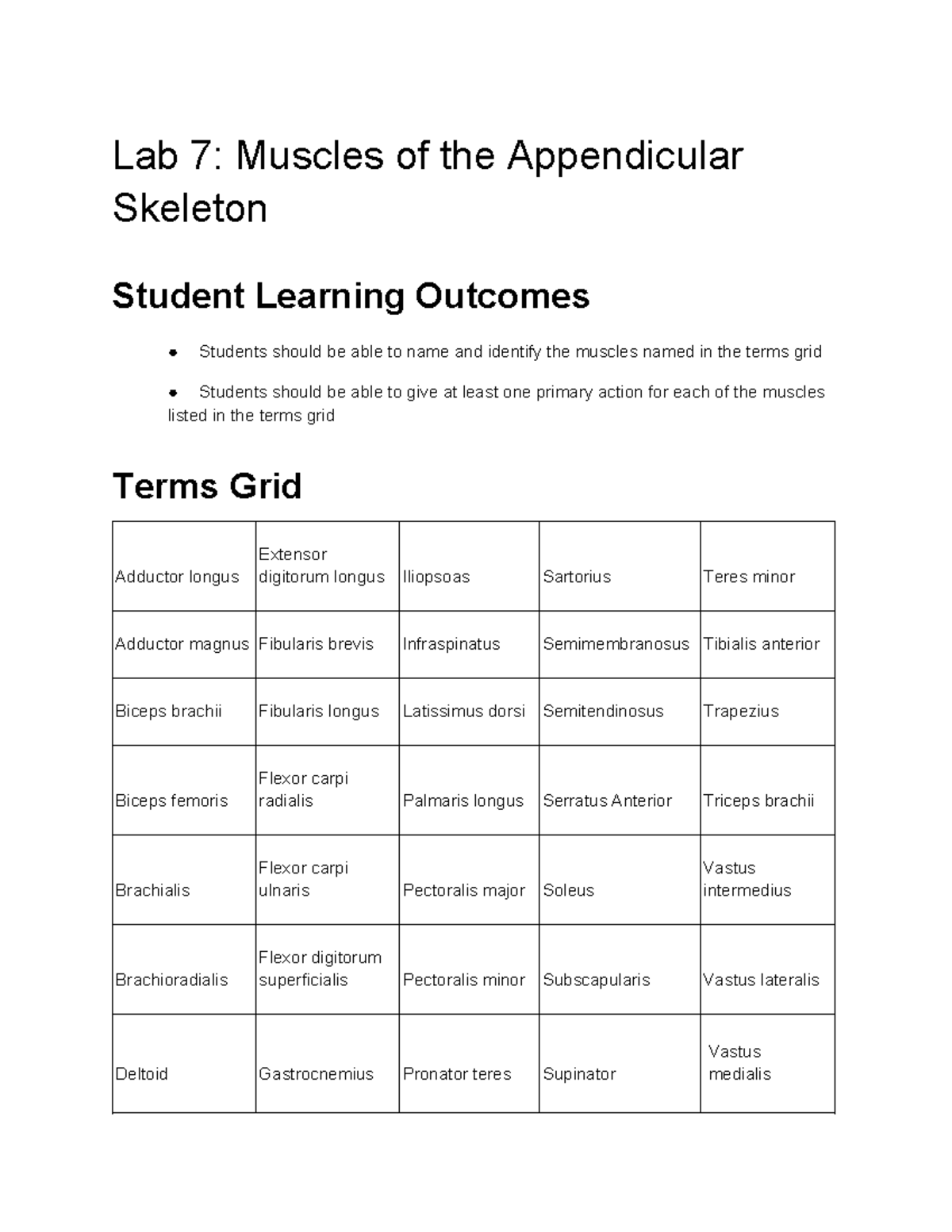 Lab 7 Muscles of the Appendicular Skeleton - Lab 7: Muscles of the ...