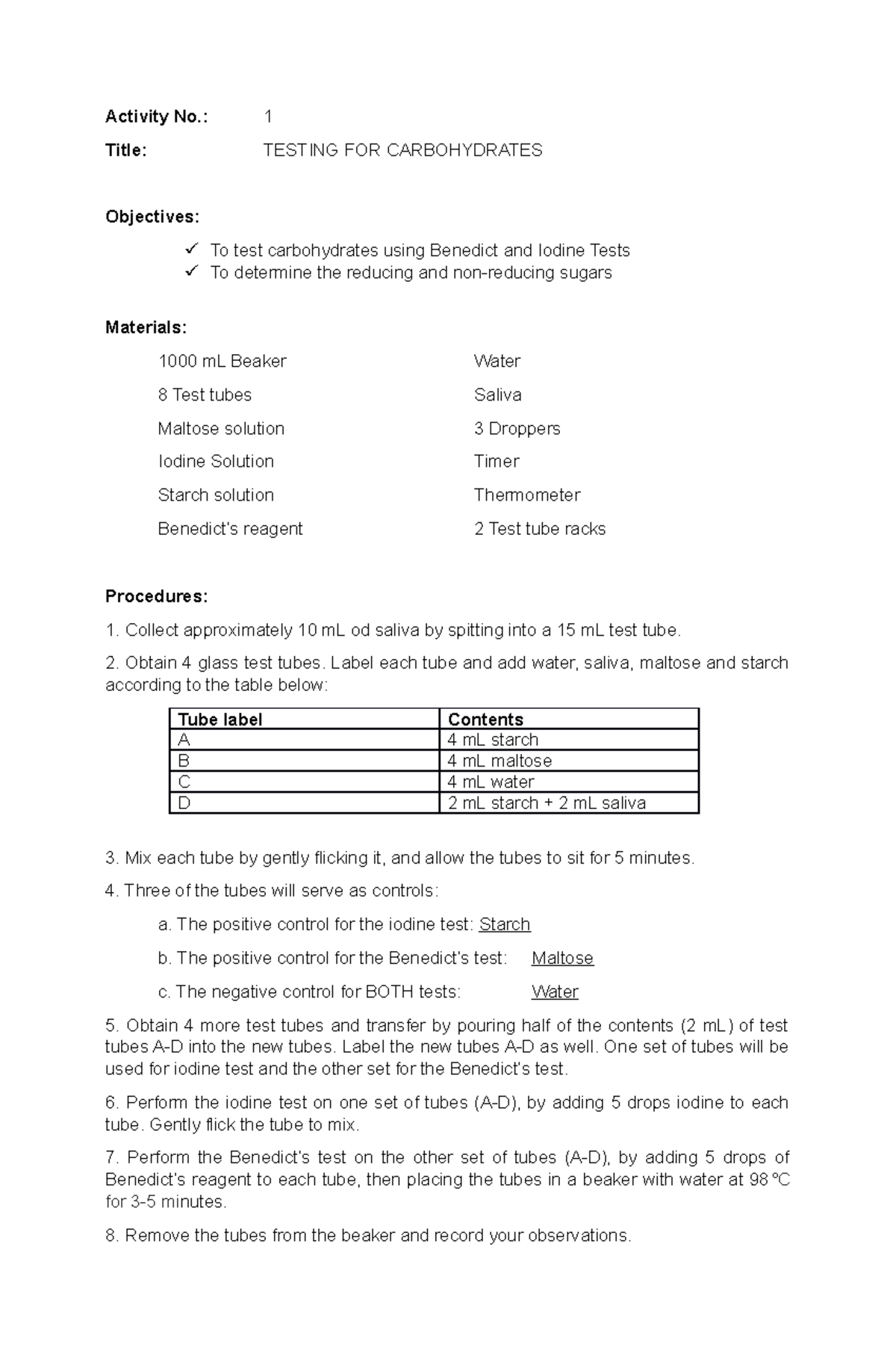 Lab Activity No1 Carbohydrates - Activity No.: 1 Title: TESTING FOR ...