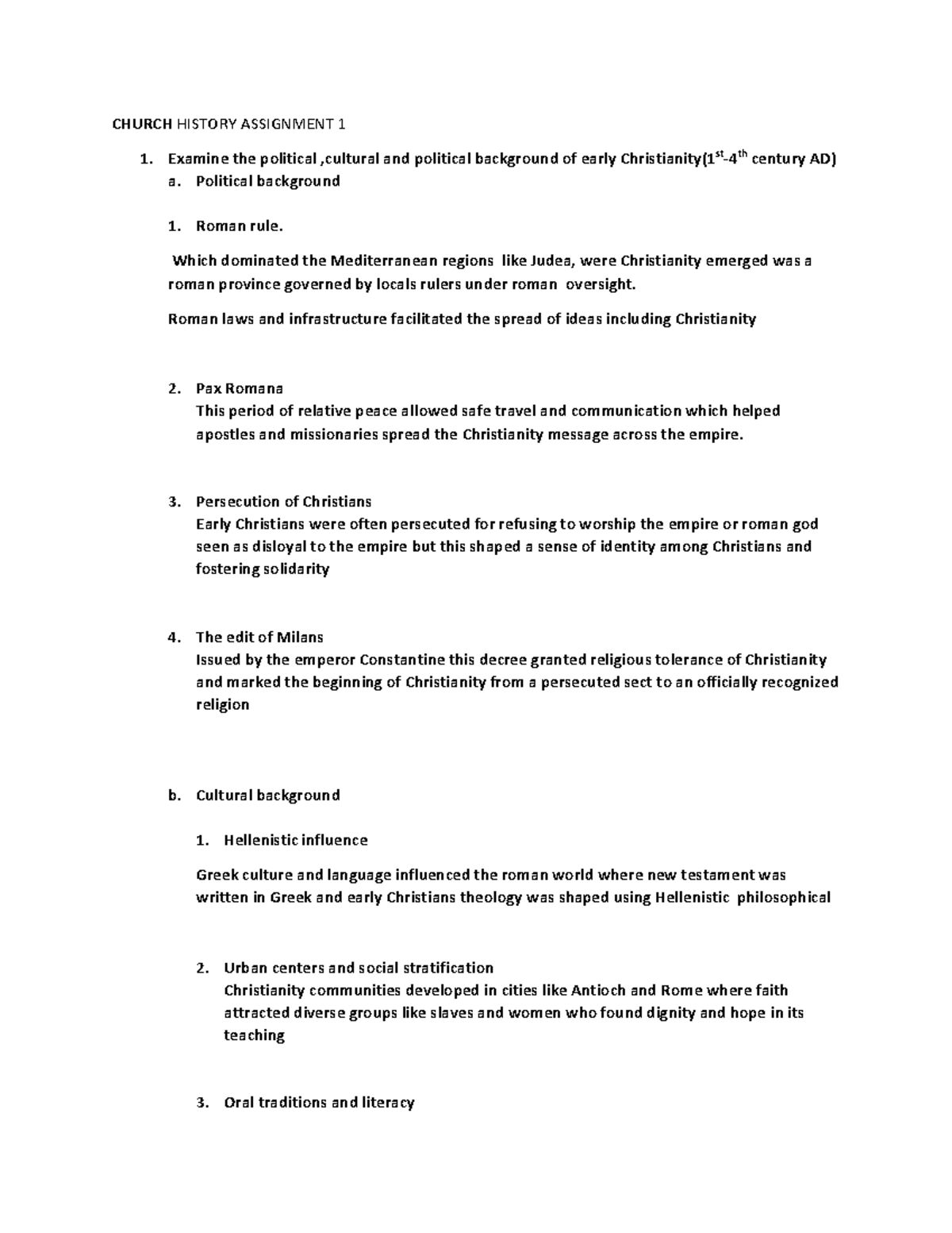 CHURCH HISTORY ASSIGNMENT 1: Political & Cultural Background of Early ...