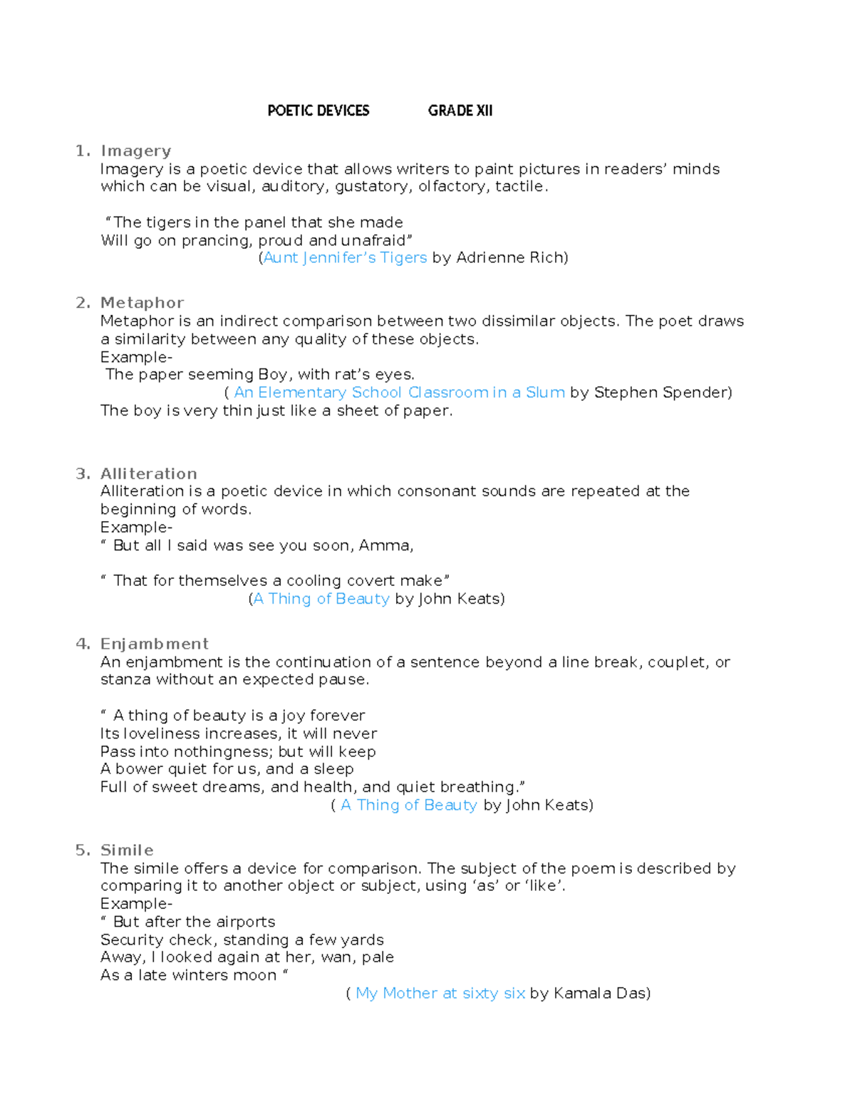 Poetic Devices Overview for Grade XII Students - Studocu