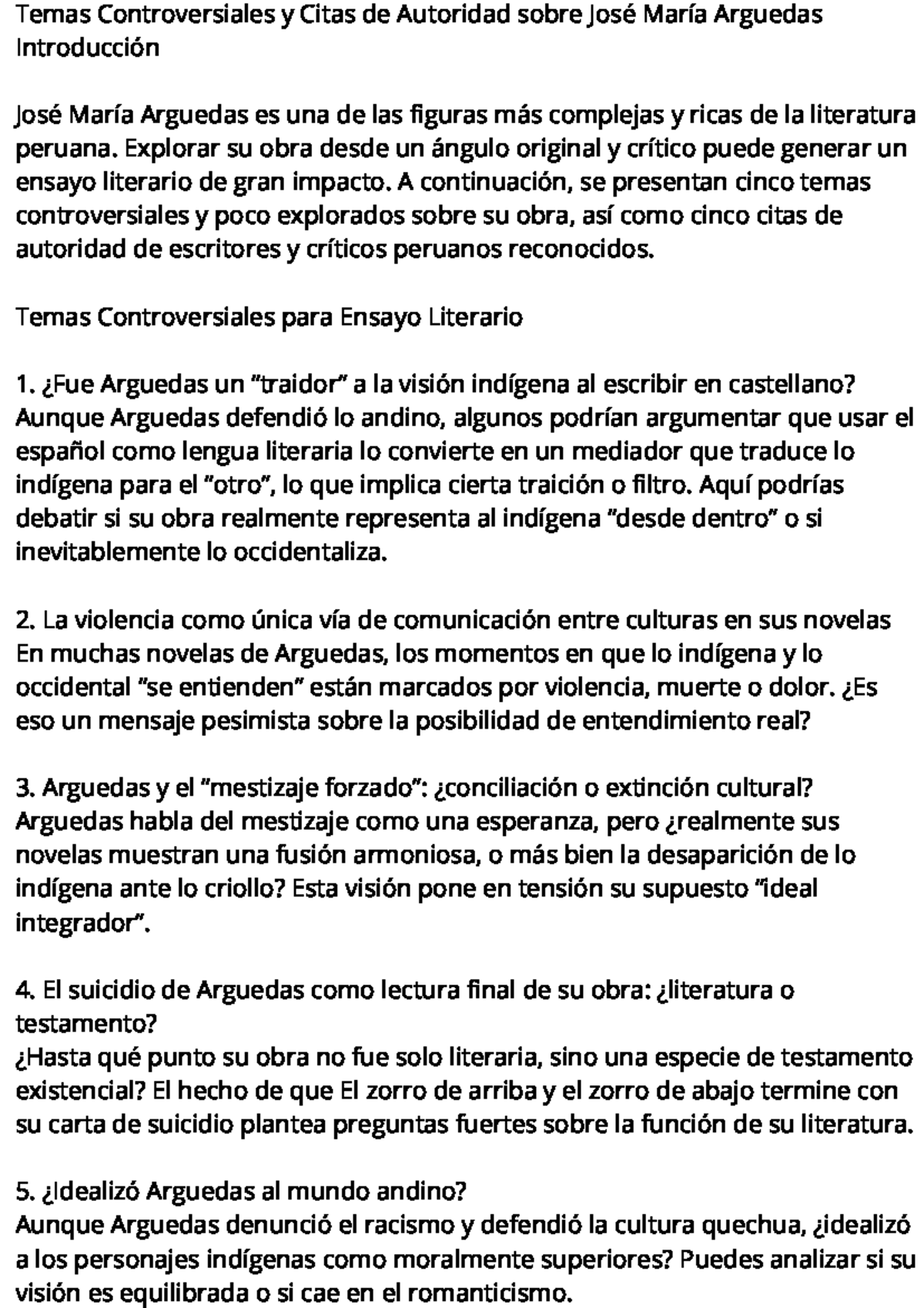Temas Controversiales y Citas de Autoridad sobre J.M. Arguedas - Ensayo ...