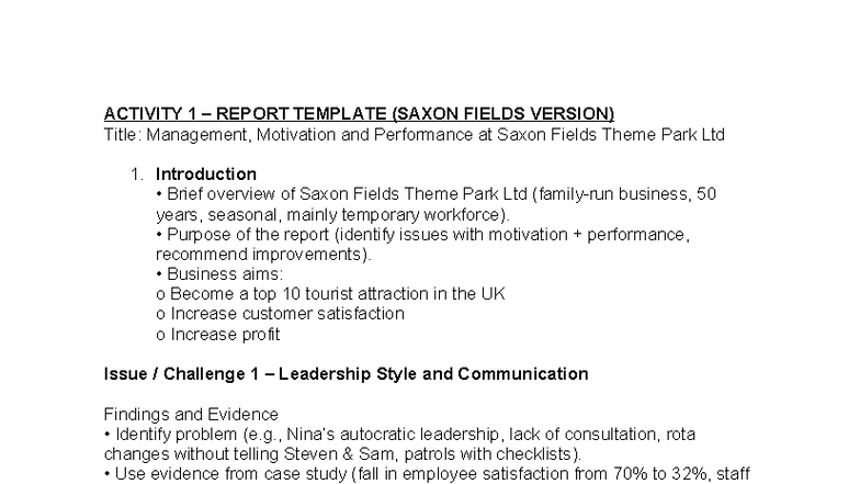 ACTIVITY 1 REPORT: Management & Performance Issues at Saxon Fields ...