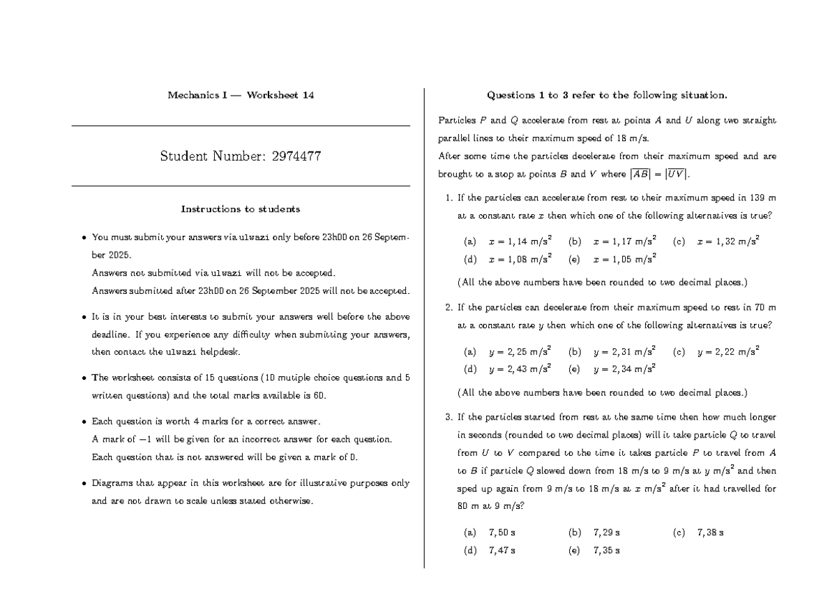 Mechanics I Worksheet 14: Questions on Particle Motion and Acceleration ...