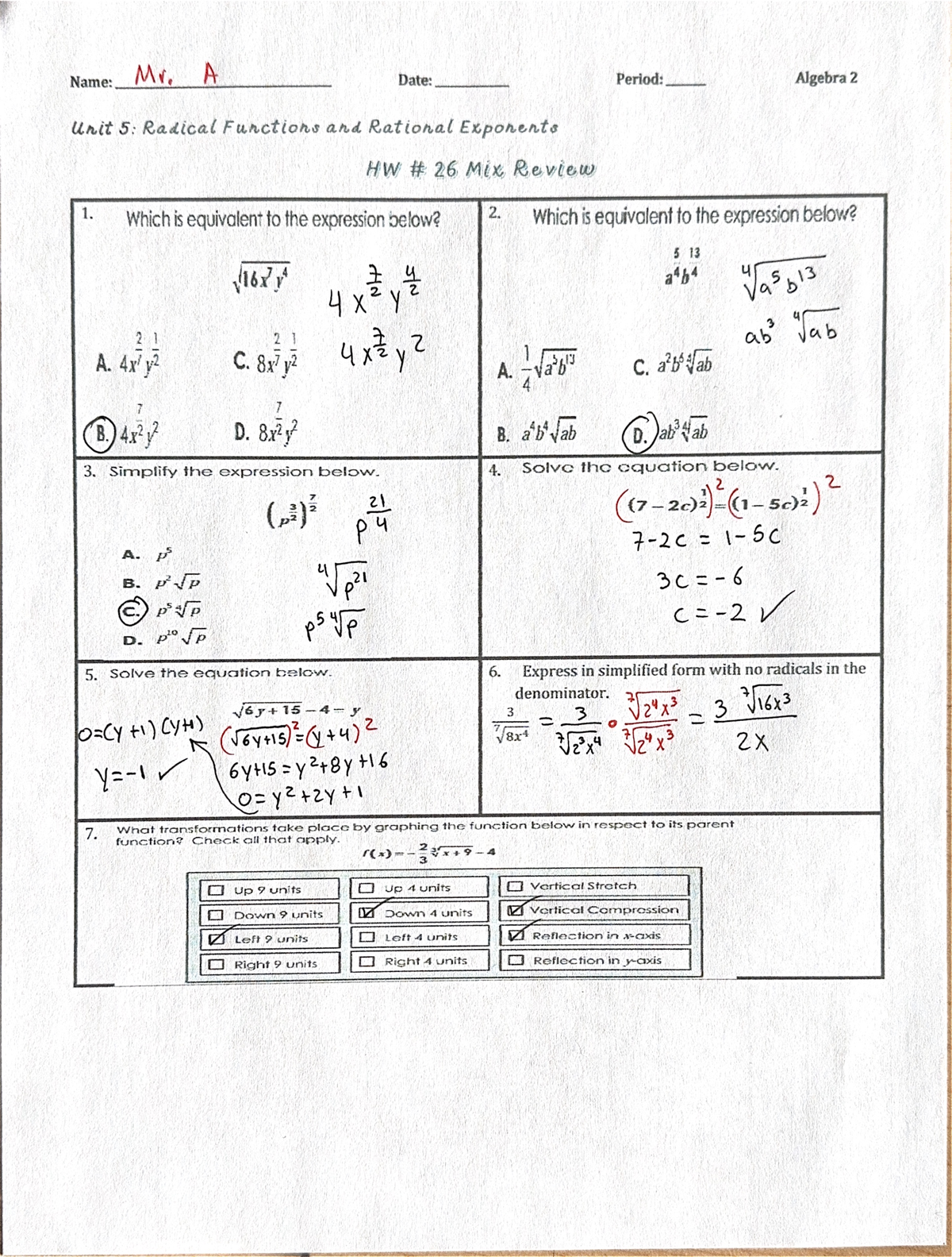 homework 26 answer key - Name: Mr. A Date: Period: Algebra 2 Unit 5 ...