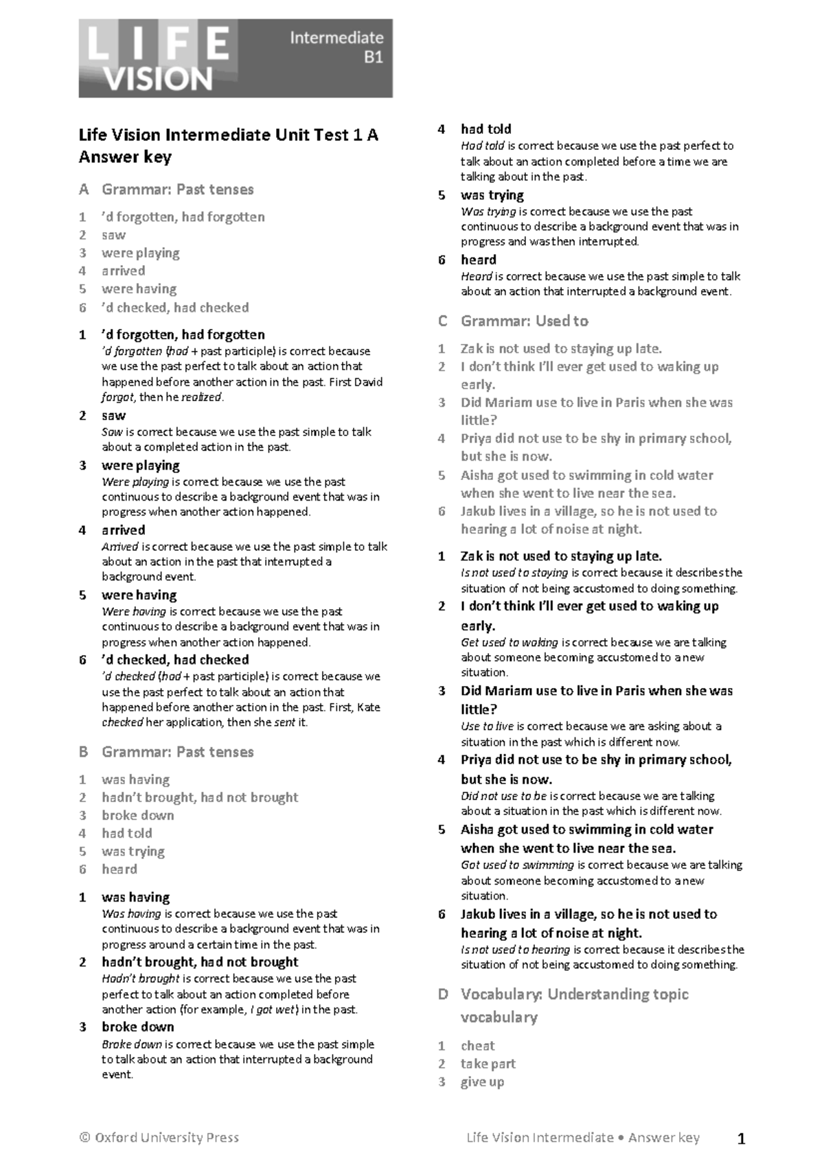 Life Vision Intermediate Unit Test 1A Answer Key: Grammar & Vocabulary ...
