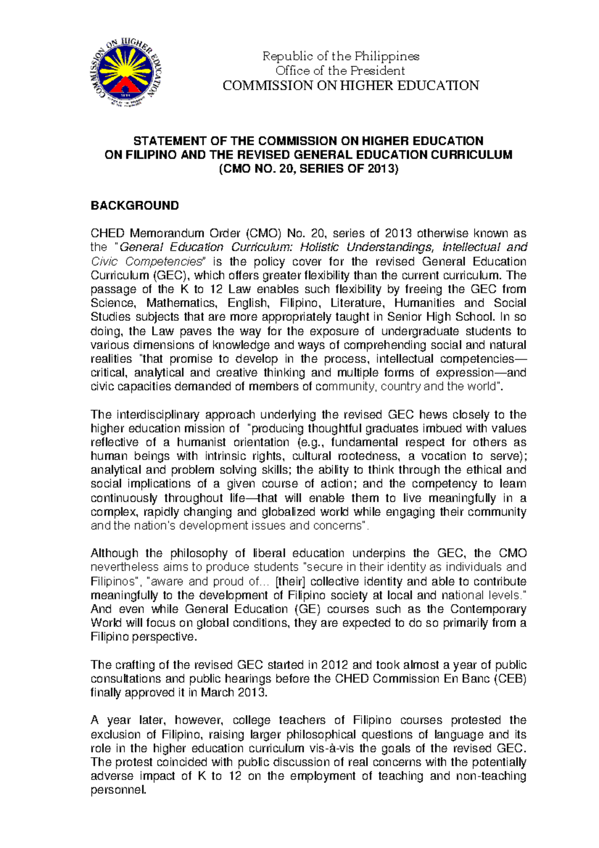 CMO No. 20 S2013: CHED General Education Curriculum Overview - Studocu
