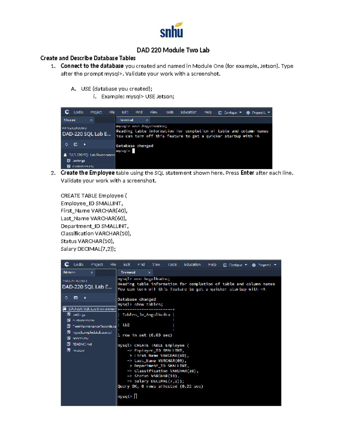 Dad M2 Module 2 Dad 220 Module Two Lab Create And Describe Database Tables 1 Connect To The