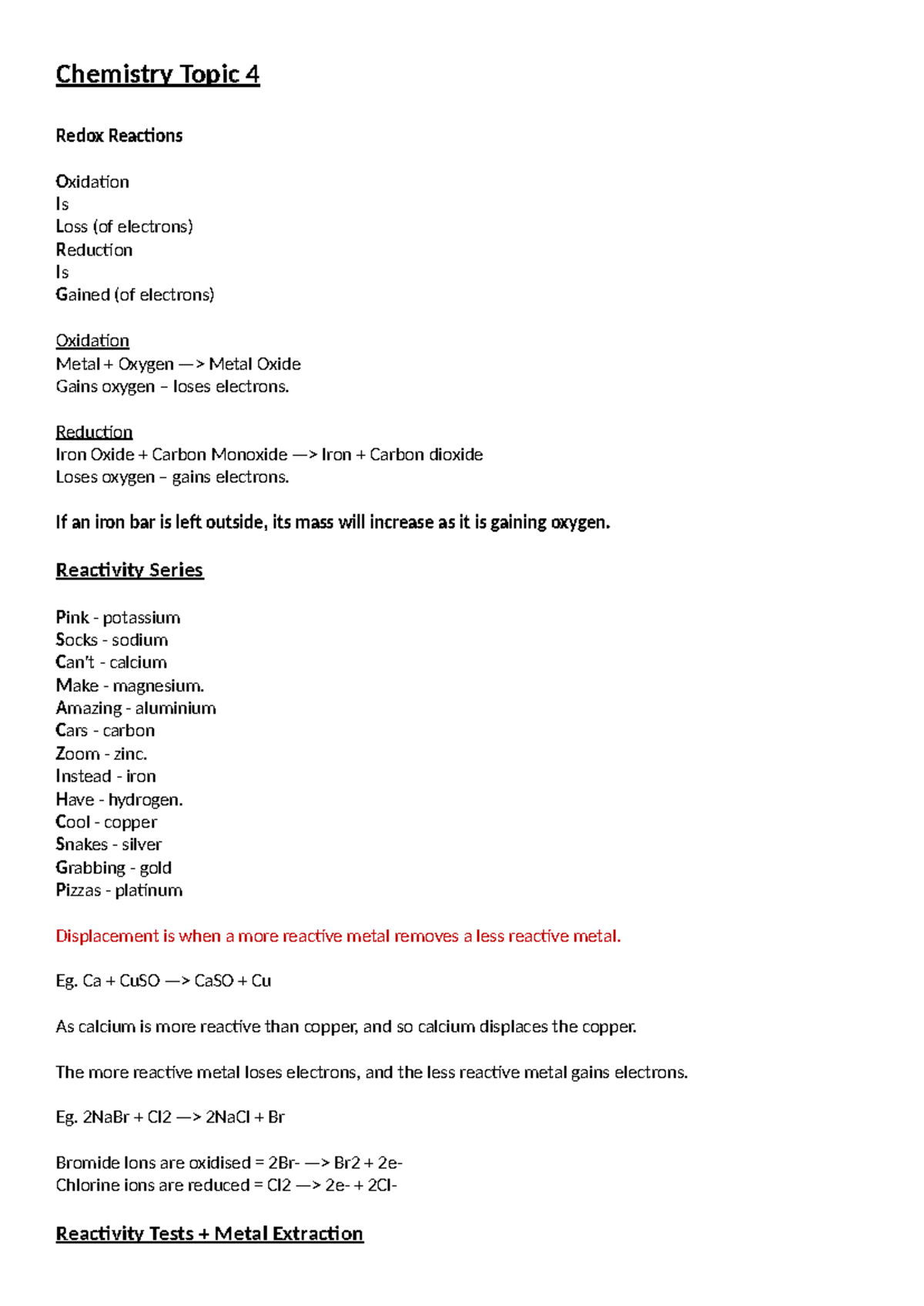 Chemistry Topic 4: Redox Reactions and Metal Extraction Notes - Studocu