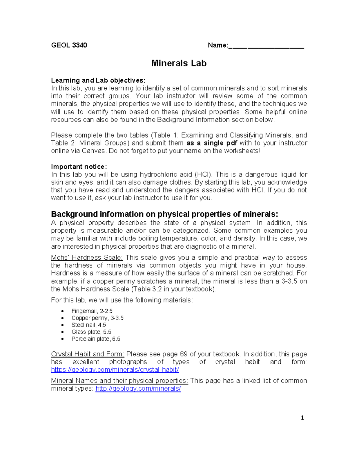 GEOL 3340 - Lab 02: Identifying and Classifying Minerals - Studocu