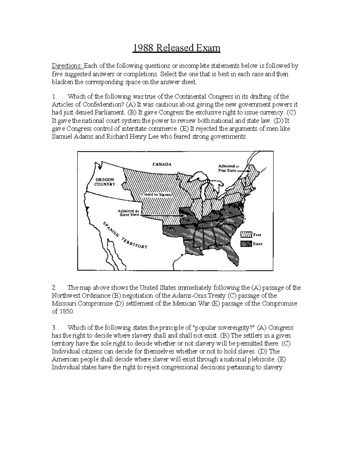 1988 APUSH Final Exam Questions and Answers - Studocu