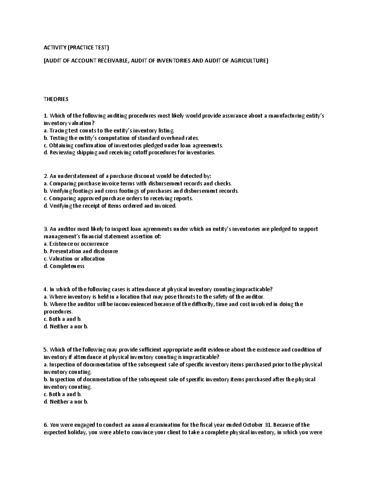 ACTIVITY (PRACTICE TEST) (AUDIT OF ACCOUNTS RECEIVABLE & INVENTORIES ...
