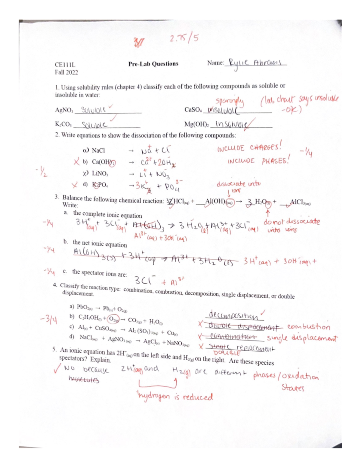 Chemical Reactions Lab Prep: CELIL Questions & Classifications - Studocu