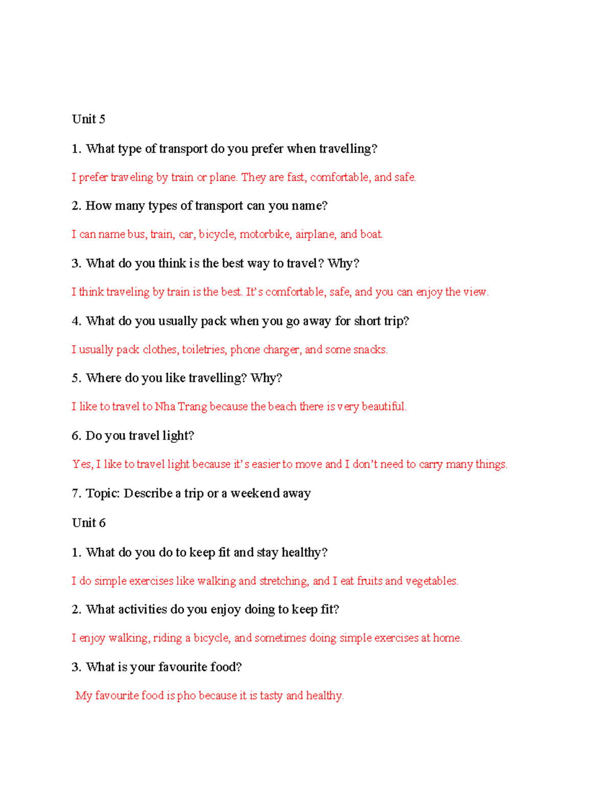 Speaking Questions - Unit 5 to Unit 8 Overview and Insights - Studocu