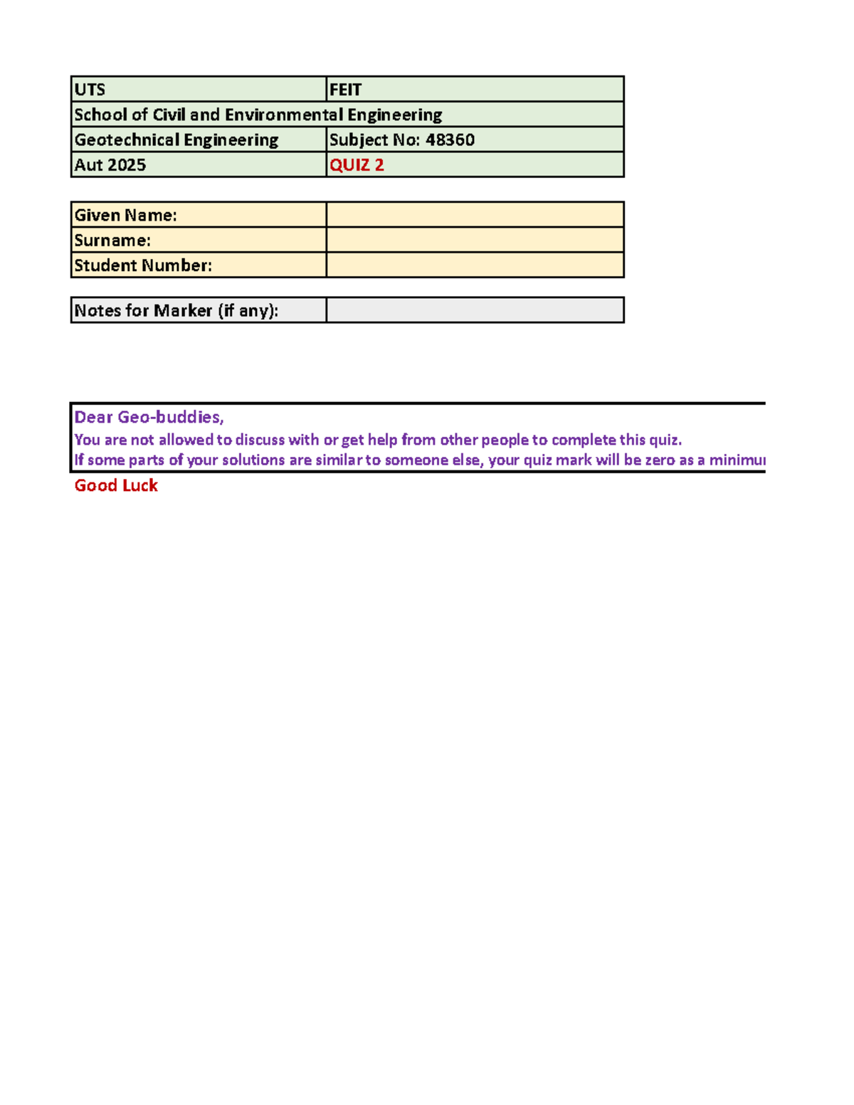 48360 Geotechnical Engineering Aut 2025 Quiz 2 Solutions - Studocu