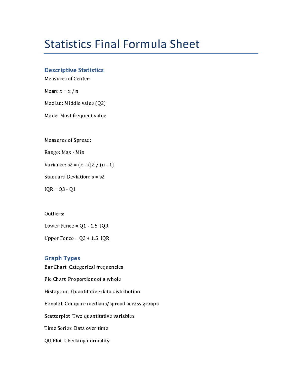 Statistics 101 final exam formula sheet for descriptive statistics - Studocu