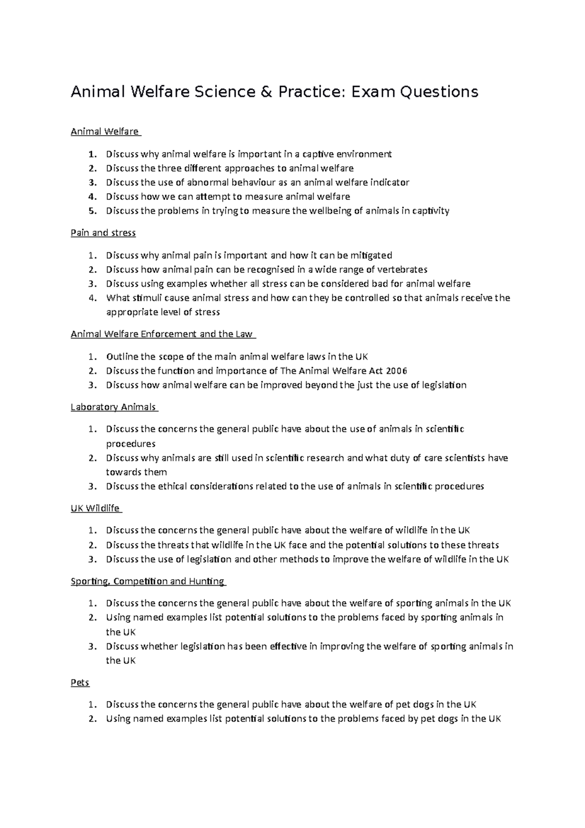 Animal Welfare Science & Practice: Exam Questions Revision - Studocu