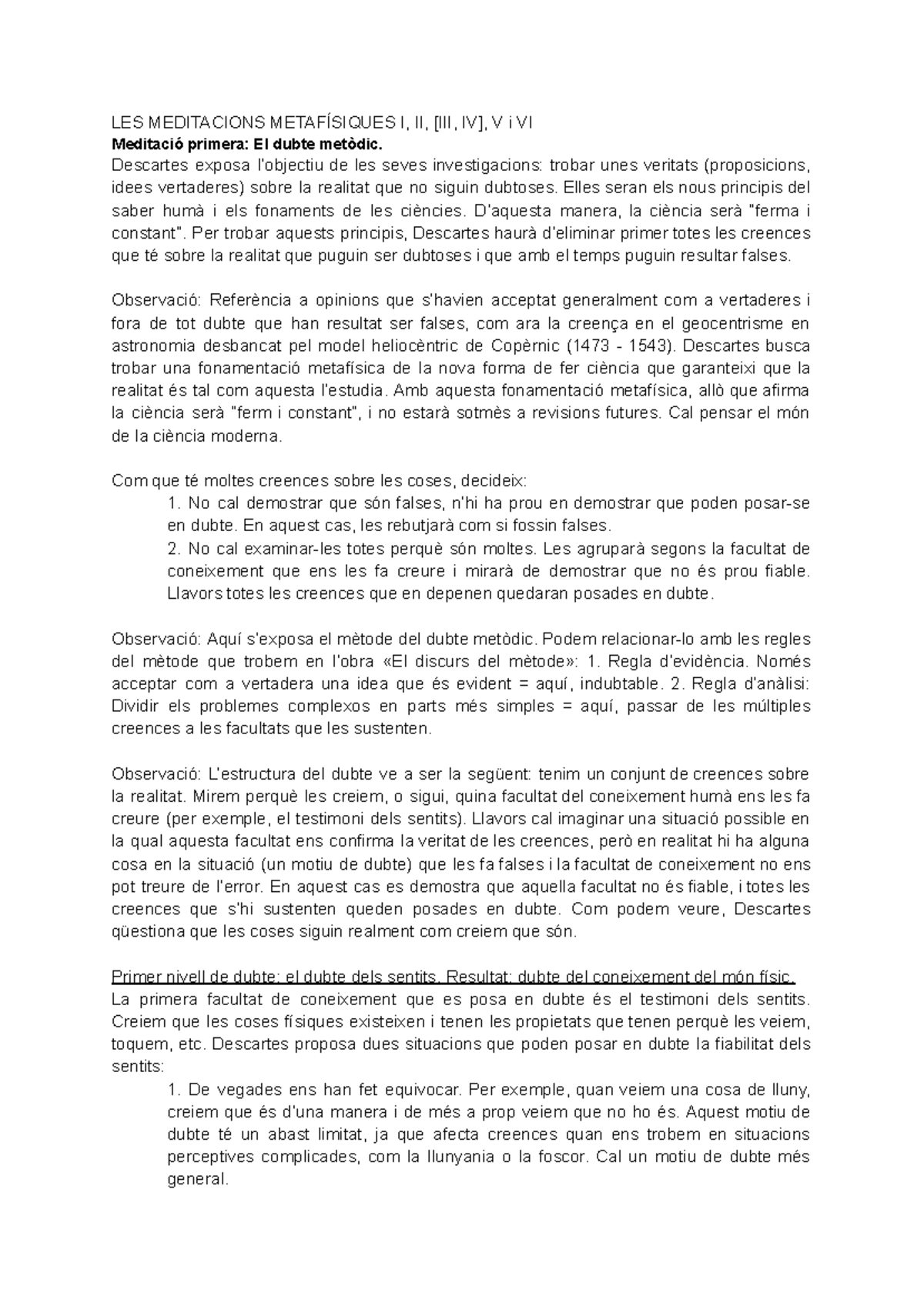 Meditacions Metafísiques I, II, V: Apunts sobre el Dubte de Descartes ...