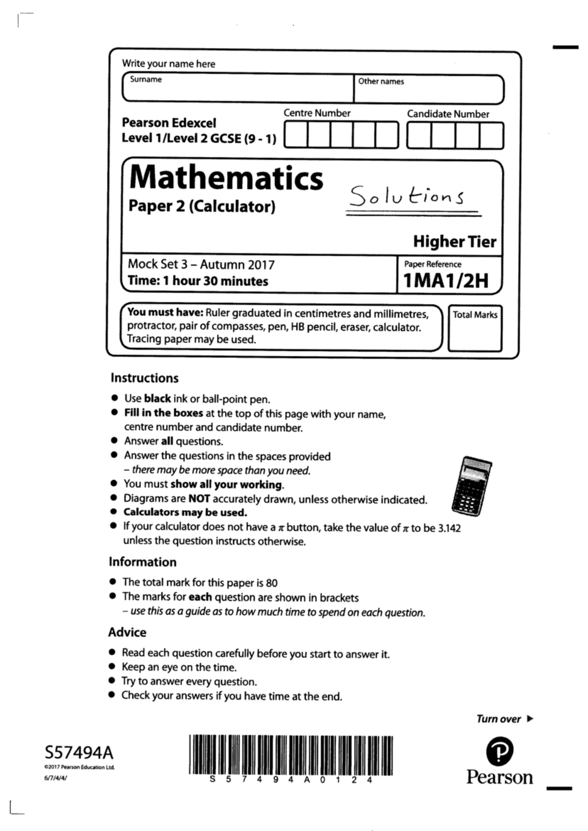 GCSE Mock Set 3 P2H Solutions - Mathematics Exam Preparation - Studocu