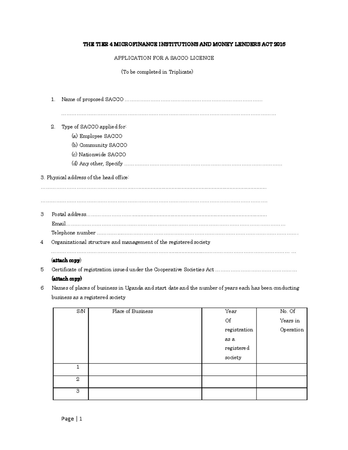 Sacco License Application Form - Tier 4 Microfinance Institutions Guide ...