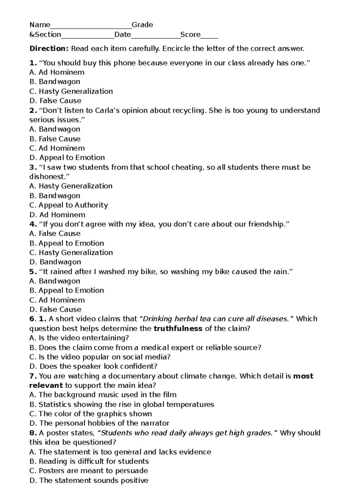 Grade 9 Summative Test - Exam on Logical Fallacies and Biases - Studocu