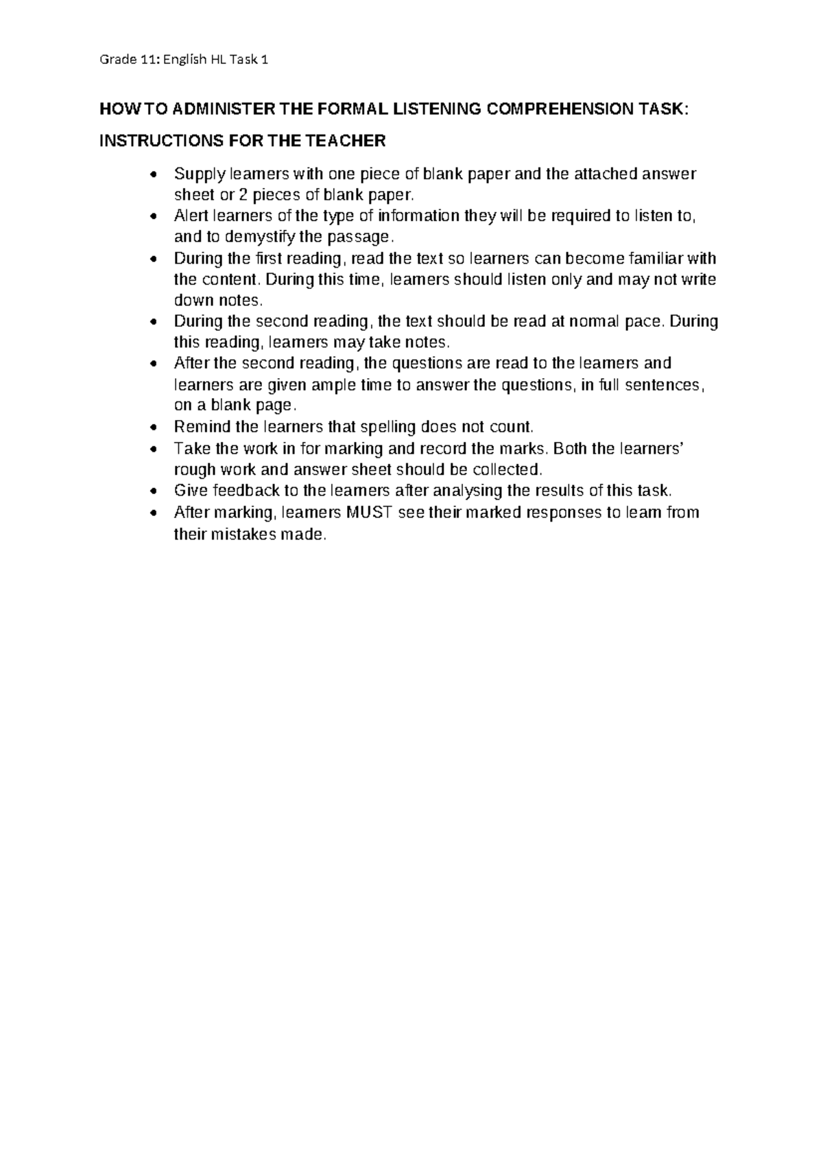 Grade 11: English HL Task 1 Listening Comprehension Guide - Studocu