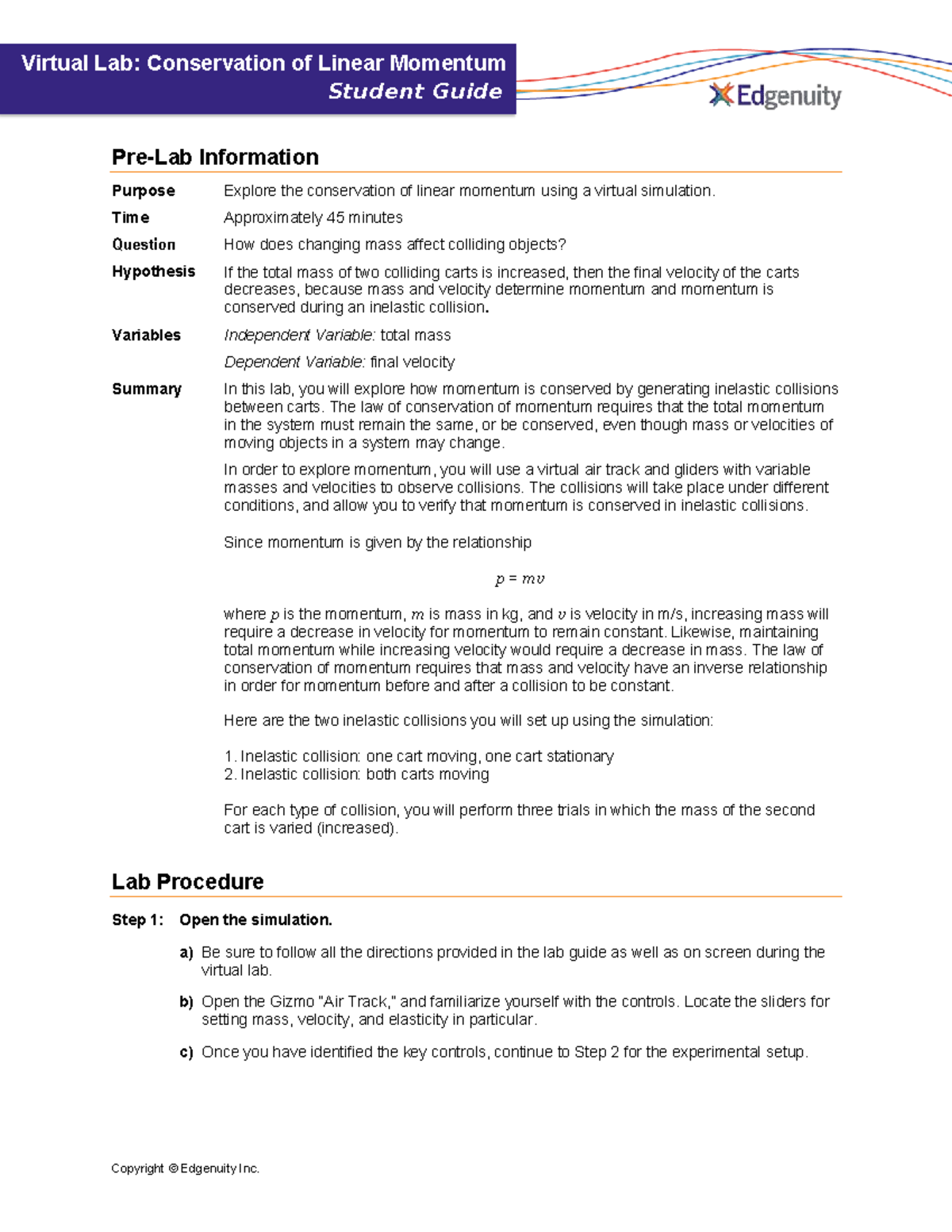 Virtual Lab: Conservation of Linear Momentum (PHYS 101) Student Guide ...