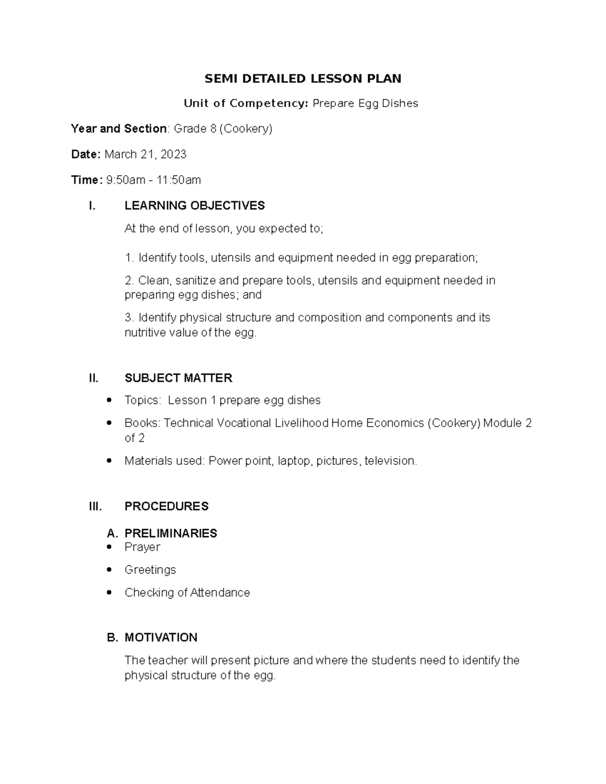 L01-Grade 8 Lesson Plan: Preparing Egg Dishes in Cookery - Studocu