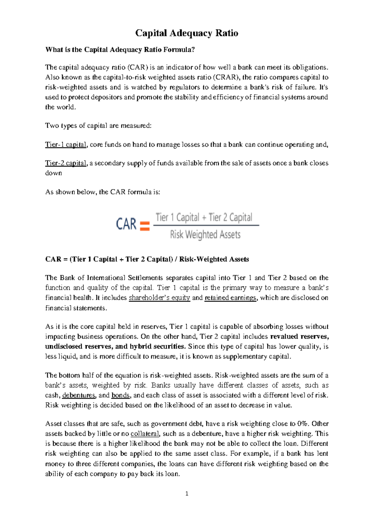 LMS - CAR Ratio Assignment - 1 Capital Adequacy Ratio What is the ...