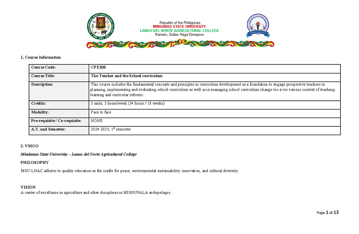 CPE108-OBE Syllabus Overview for The Teacher and the School Curriculum ...