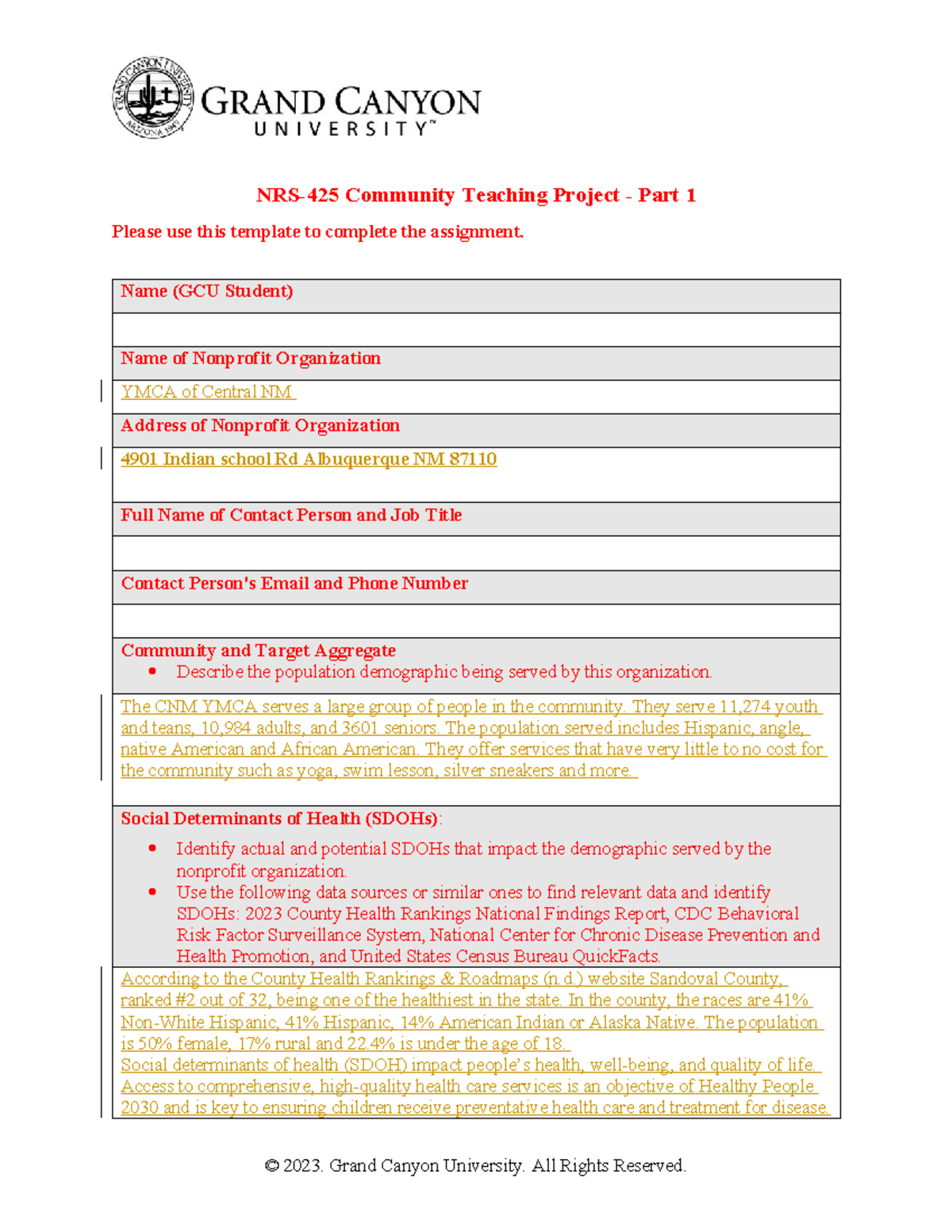 NRS 425 RS T1 Community Teaching Project Part 1: Health & SDOH Analysis ...