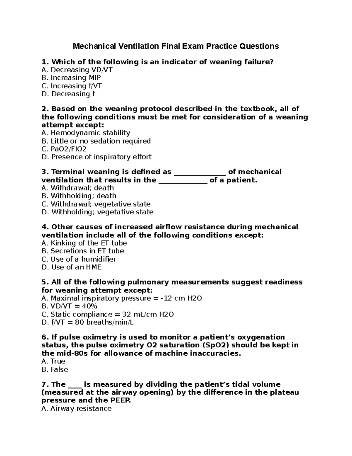 Mechanical Ventilation Final Exam: Practice Questions and Answers - Studocu