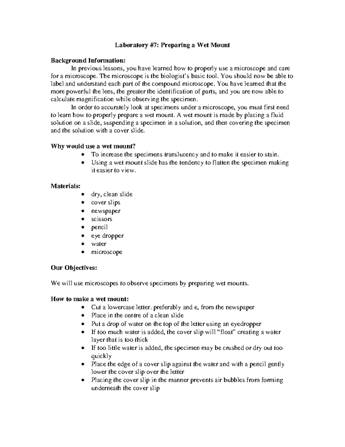 Lab 08 - Preparing Wet Mounts for Microscope Observations - Studocu